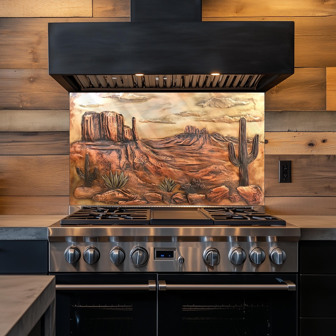 Cactus and Canyon Kitchen Backsplash, Tempered Glass Backsplash, Copper ...