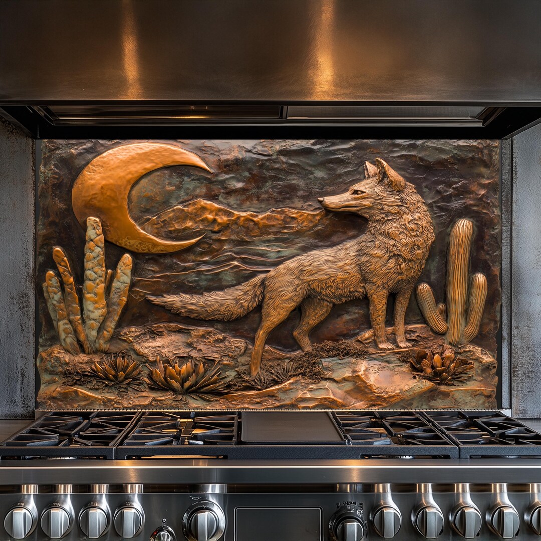 A Wolf and Moon Kitchen Backsplash, Tempered Glass Backsplash Behind ...