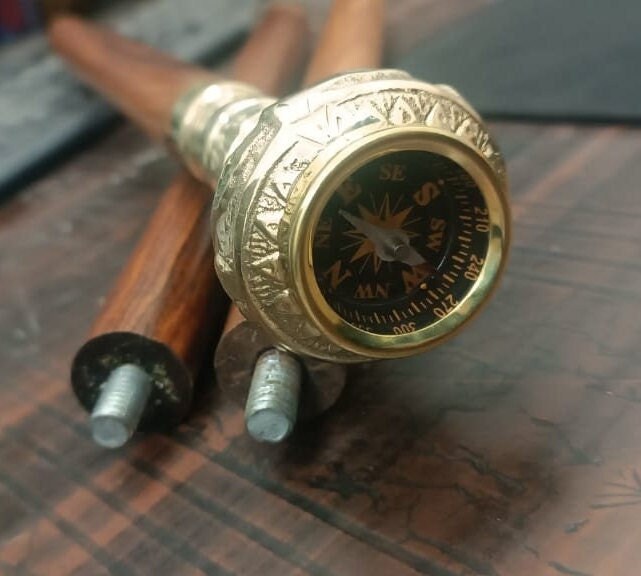 Victorian Solid Brass Knob Compass Head Handle Wooden Walking Cane ...