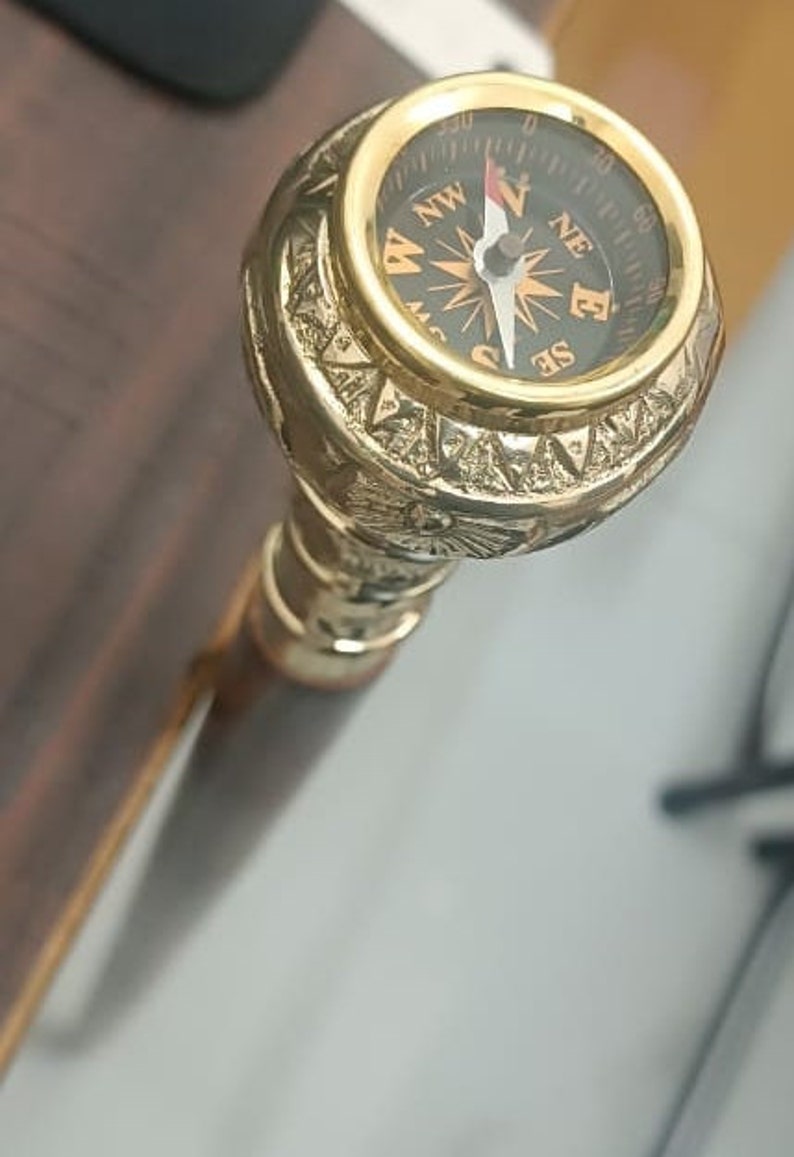 Victorian Solid Brass Knob Compass Head Handle Wooden Walking Cane ...