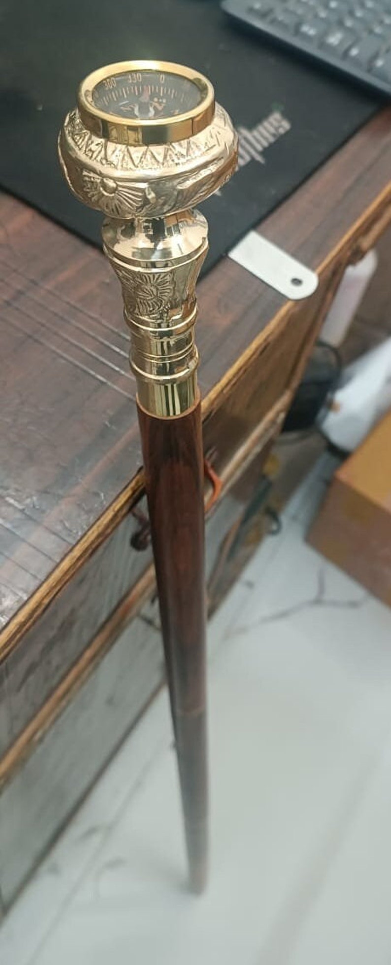 Victorian Solid Brass Knob Compass Head Handle Wooden Walking Cane ...