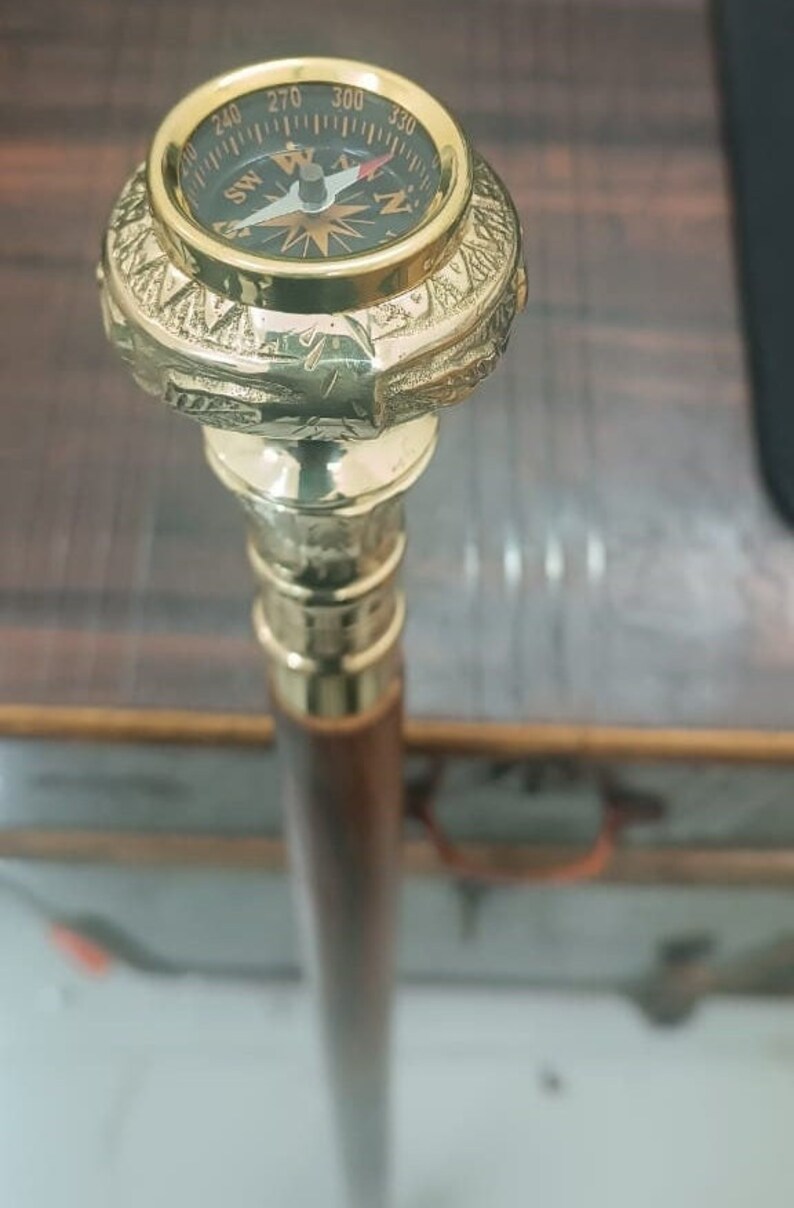 Victorian Solid Brass Knob Compass Head Handle Wooden Walking Cane ...