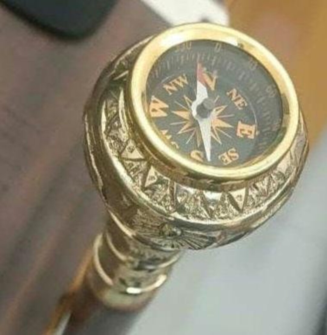 Victorian Solid Brass Knob Compass Head Handle Wooden Walking Cane ...