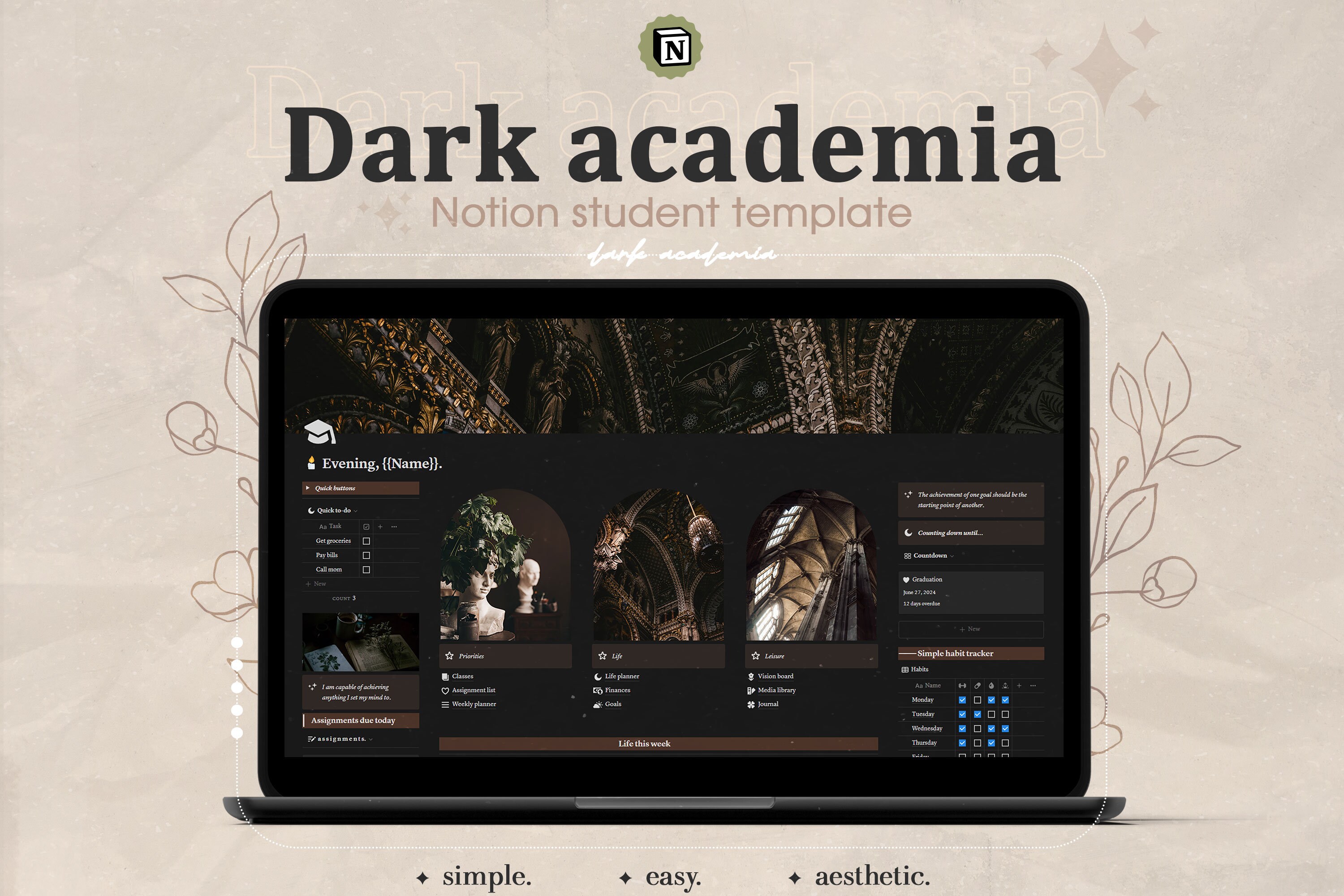 Dark Academia Notion Template, Academic Planner, Notion Template ...