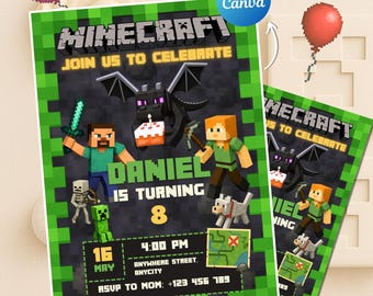 Minecraft Bowling Party Invitation, Birthday Invite, Editable Canva ...