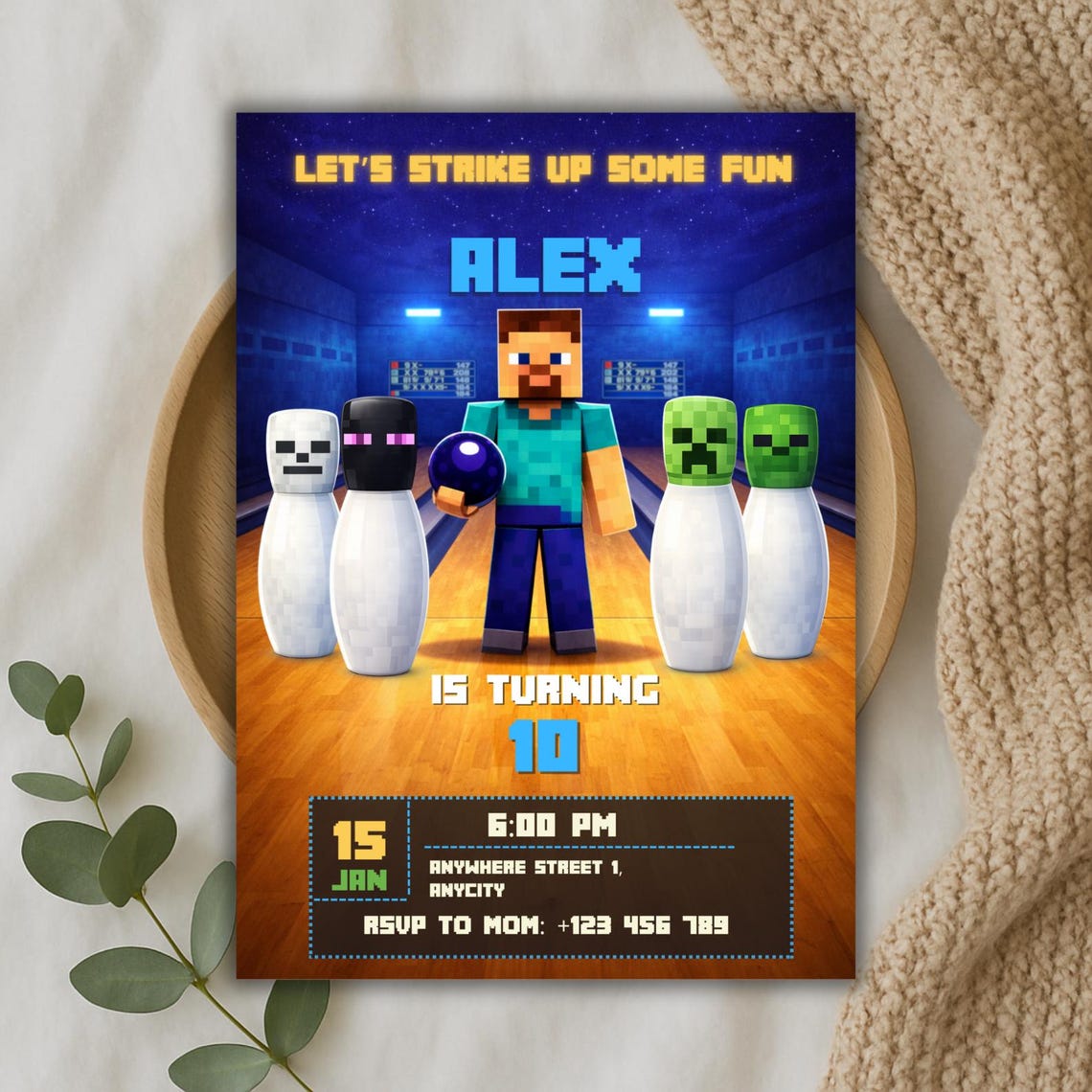 Minecraft Bowling Party Invitation, Birthday Invite, Editable Canva ...