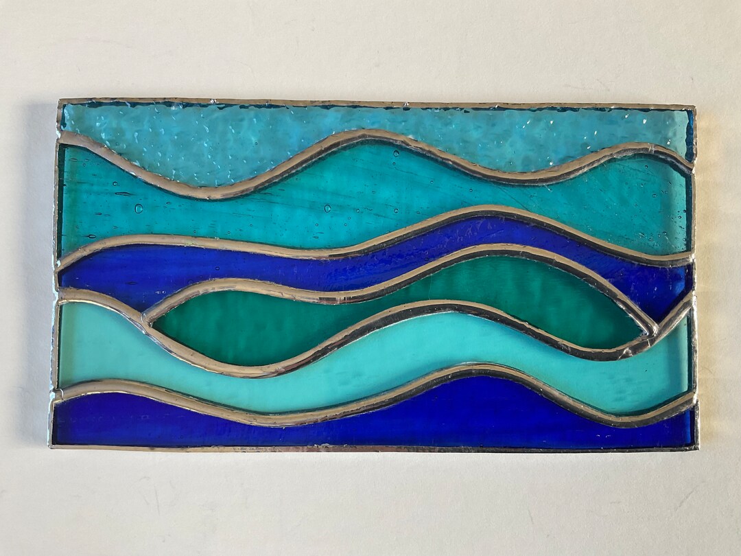 Stained Glass Wave Panel, With Oak Stand - Etsy UK