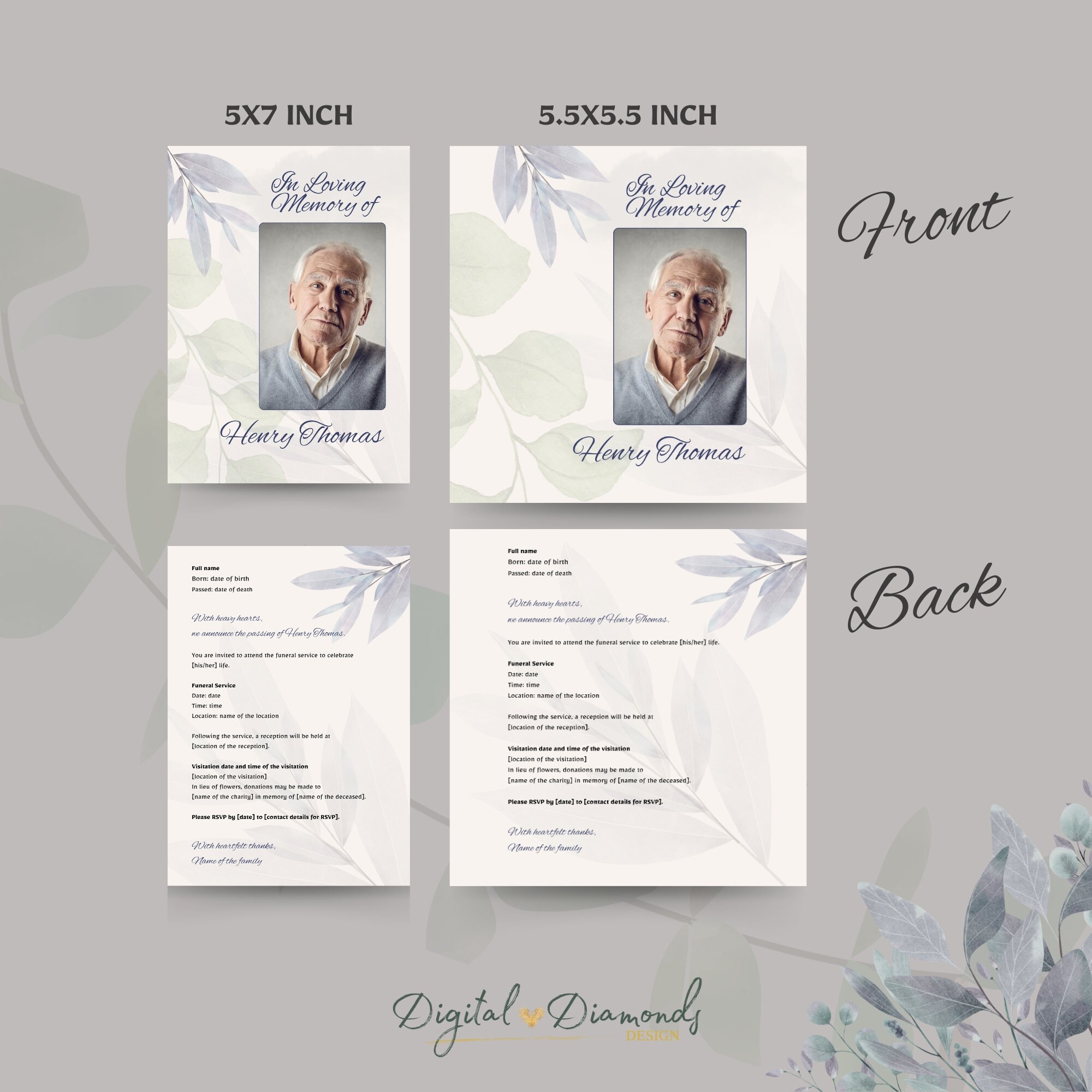 Printable Funeral Card in Two Sizes, Funeral Invitation Template ...