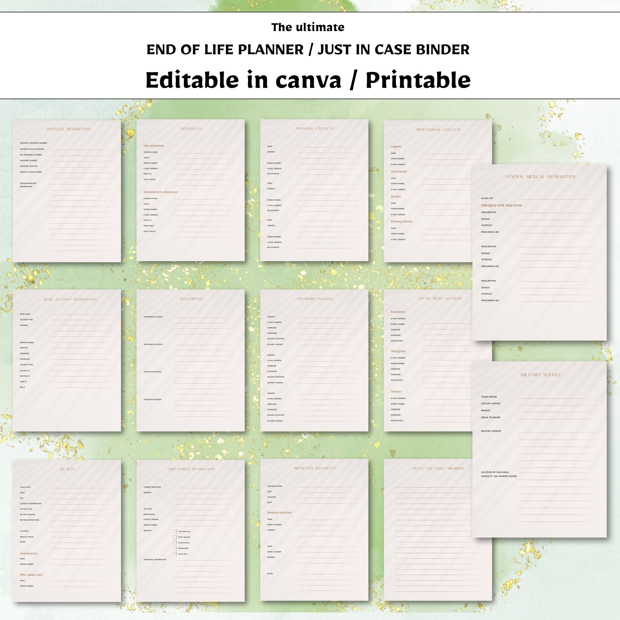 End of Life Planner, 54 Pages Editable Planning of Your Funeral ...