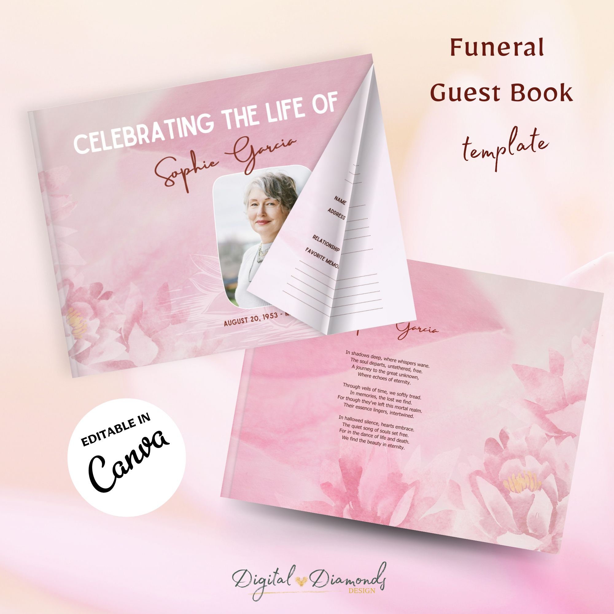 Template: Funeral Guest Book, Memorial Sign in Book, Editable, Canva ...