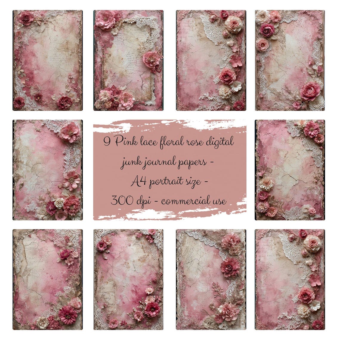 Pink Lace Floral Rose Junk Journal Papers | Shabby Chic Vintage A4 ...