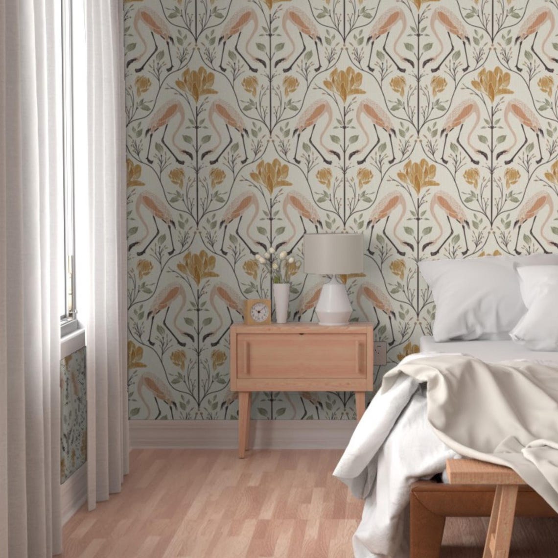 Pink Flamingo & Magnolia Flower Wallpaper I Art Nouveau Trellis Wall ...