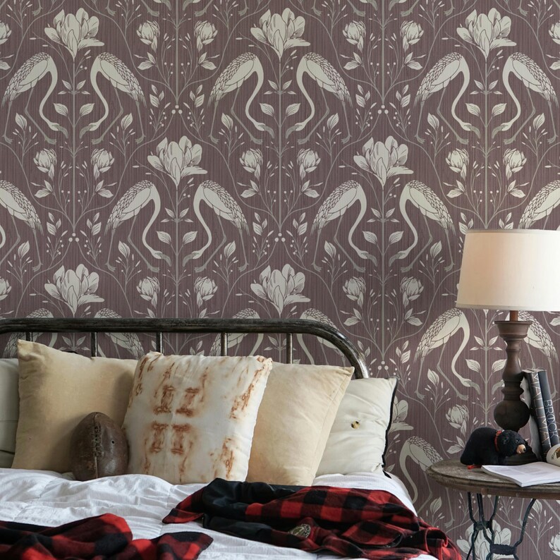 Flamingo and Magnolia Flower Wallpaper I Art Nouveau Trellis Designer ...