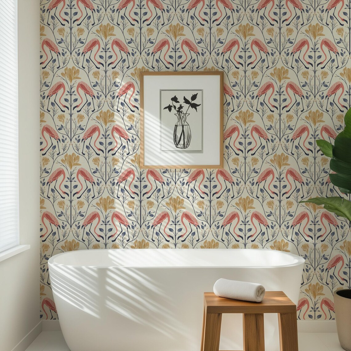 Pink Flamingo & Magnolia Flower Wallpaper I Art Nouveau Trellis Wall ...