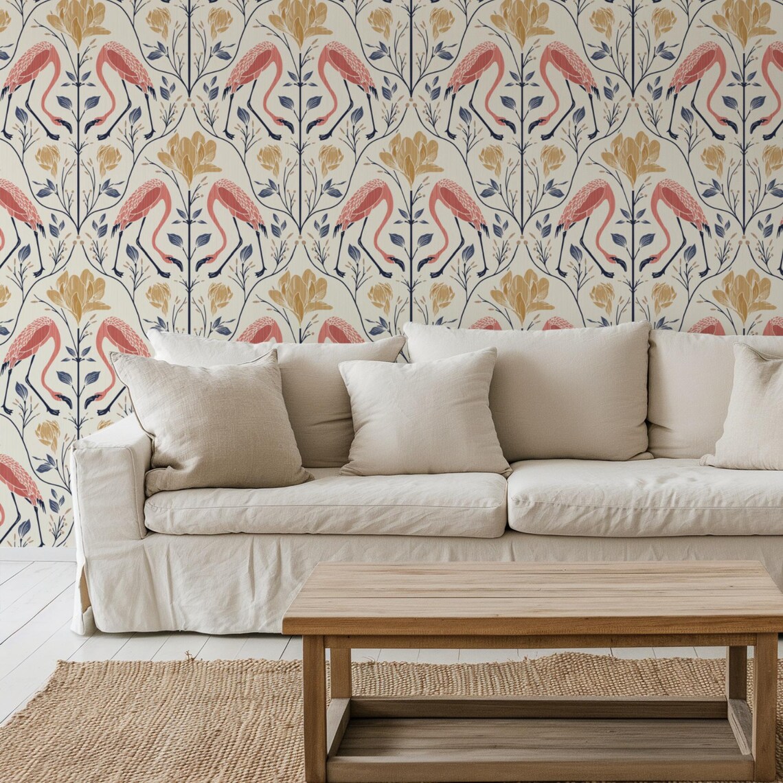 Pink Flamingo & Magnolia Flower Wallpaper I Art Nouveau Trellis Wall ...