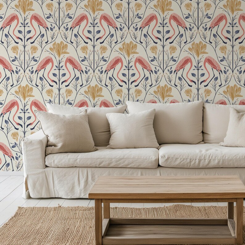 Pink Flamingo & Magnolia Flower Wallpaper I Art Nouveau Trellis Wall ...