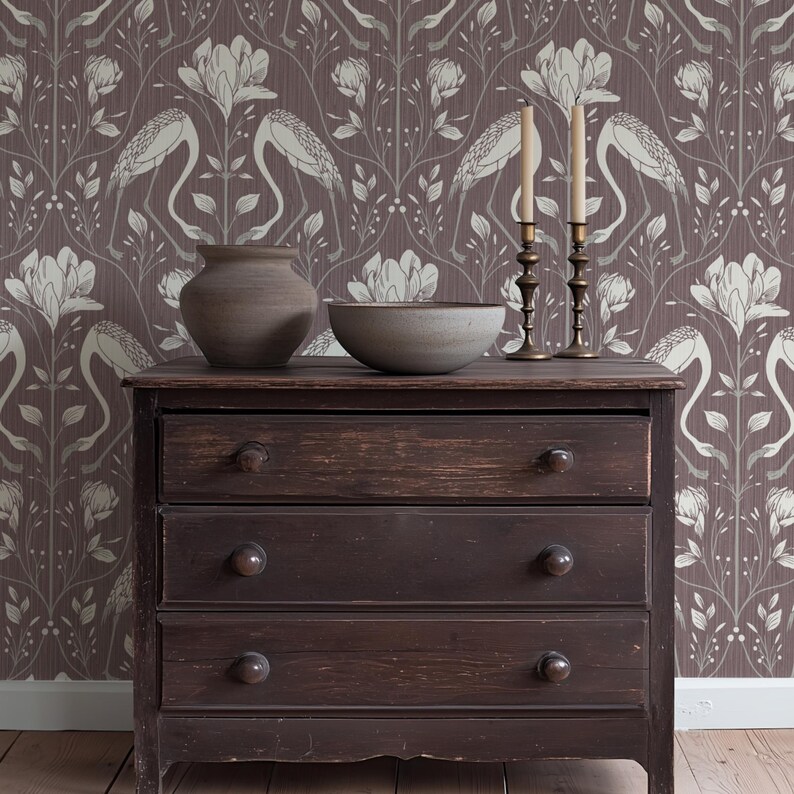 Flamingo and Magnolia Flower Wallpaper I Art Nouveau Trellis Designer ...