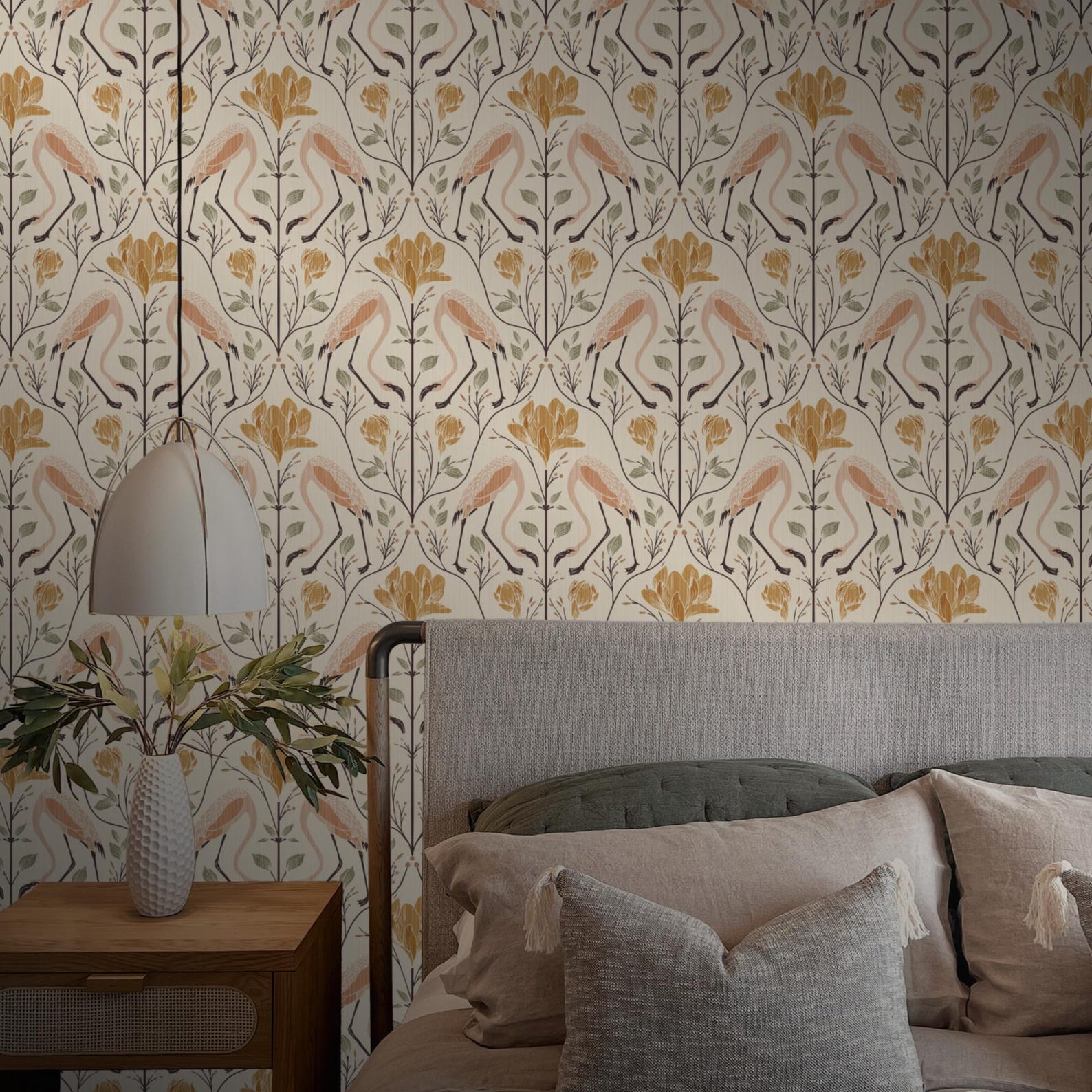 Pink Flamingo & Magnolia Flower Wallpaper I Art Nouveau Trellis Wall ...