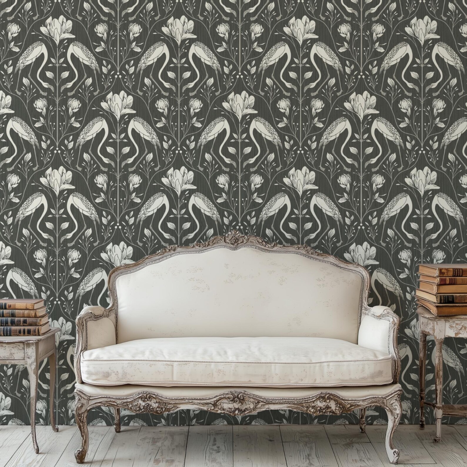 Flamingo and Magnolia Flower Wallpaper I Art Nouveau Trellis Designer ...
