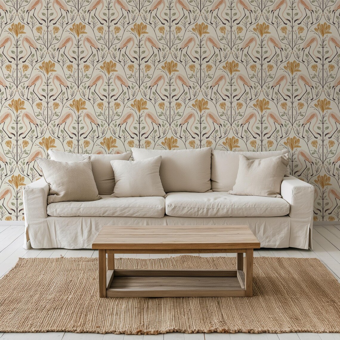 Pink Flamingo & Magnolia Flower Wallpaper I Art Nouveau Trellis Wall ...