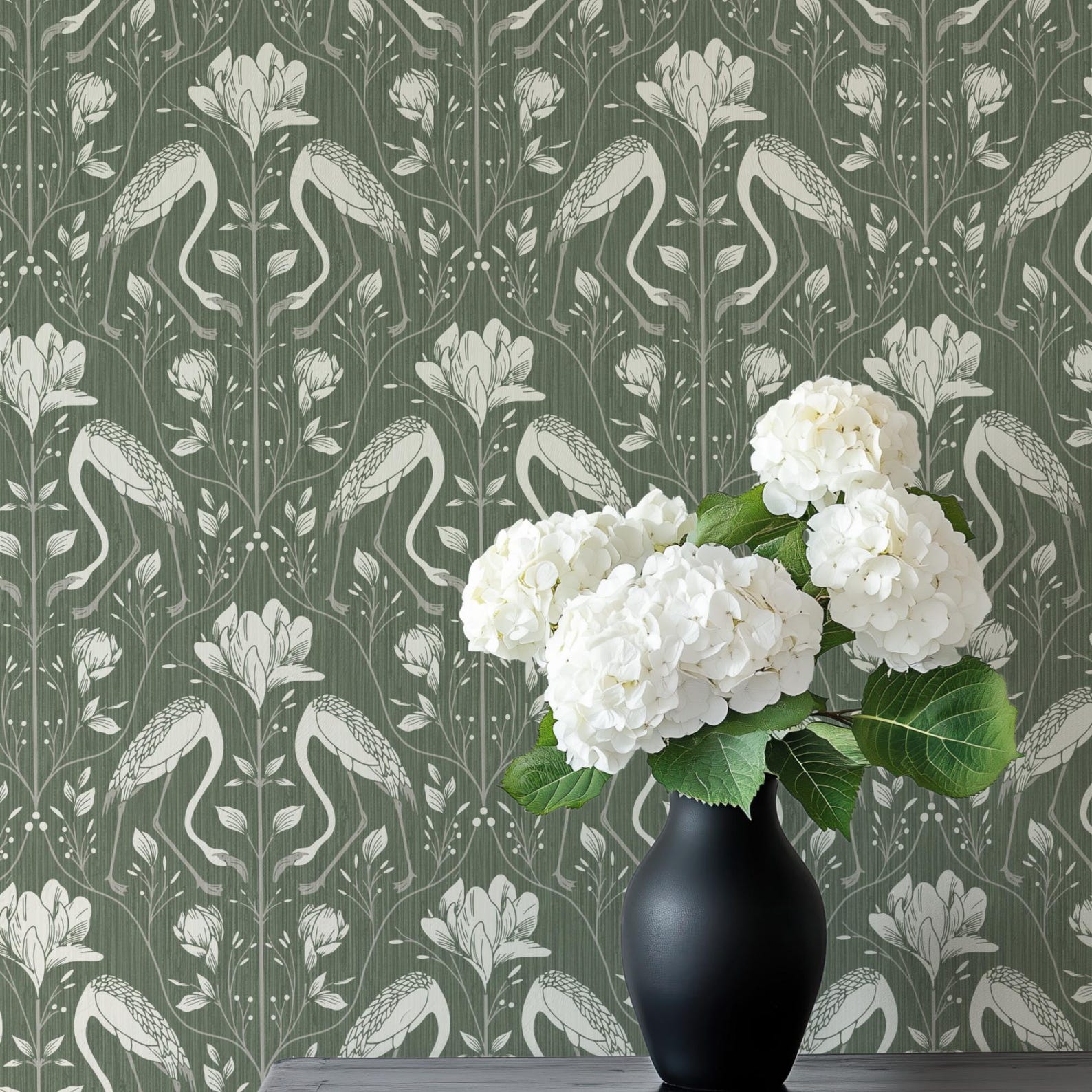 Flamingo and Magnolia Flower Wallpaper I Art Nouveau Trellis Designer ...