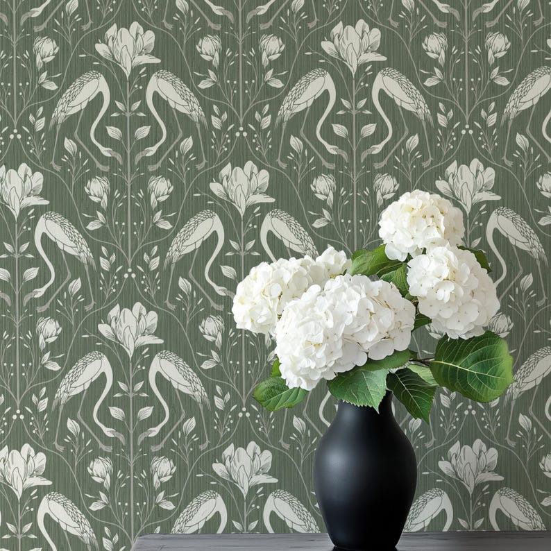 Flamingo and Magnolia Flower Wallpaper I Art Nouveau Trellis Designer ...