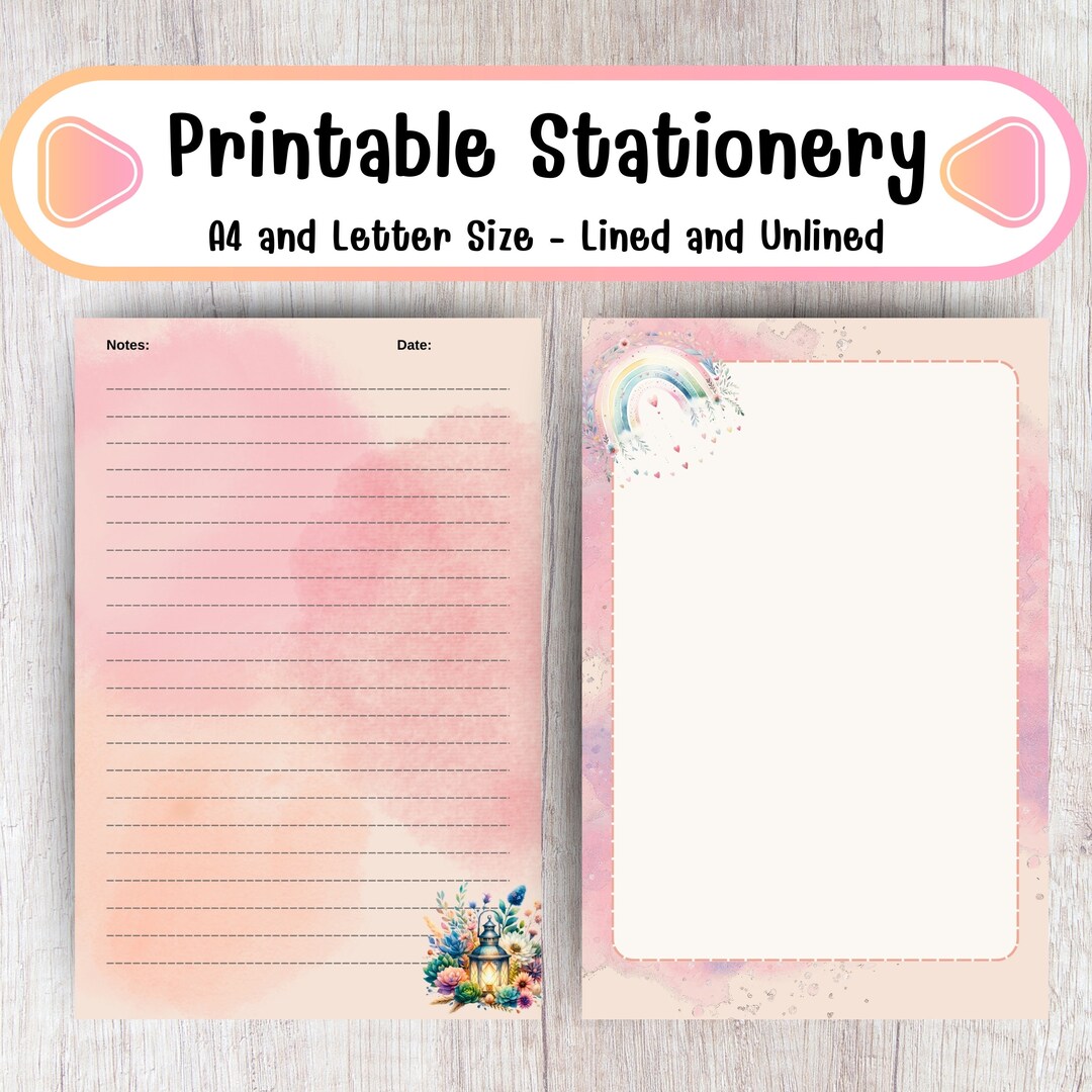 Printable Stationery Set Pink Rainbow Writing Paper A4 & Letter Size ...