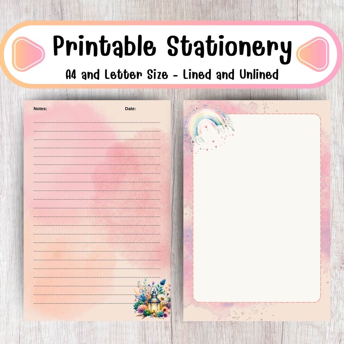 Printable Stationery Set Pink Rainbow Writing Paper A4 & Letter Size ...