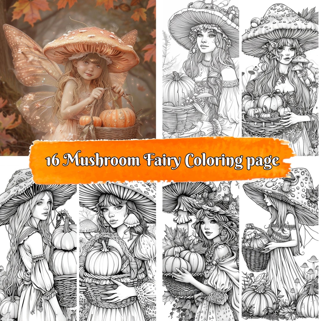 Mushroom Fairy Coloring Pages for Adults and Kids, 16 Fantasy Printable ...