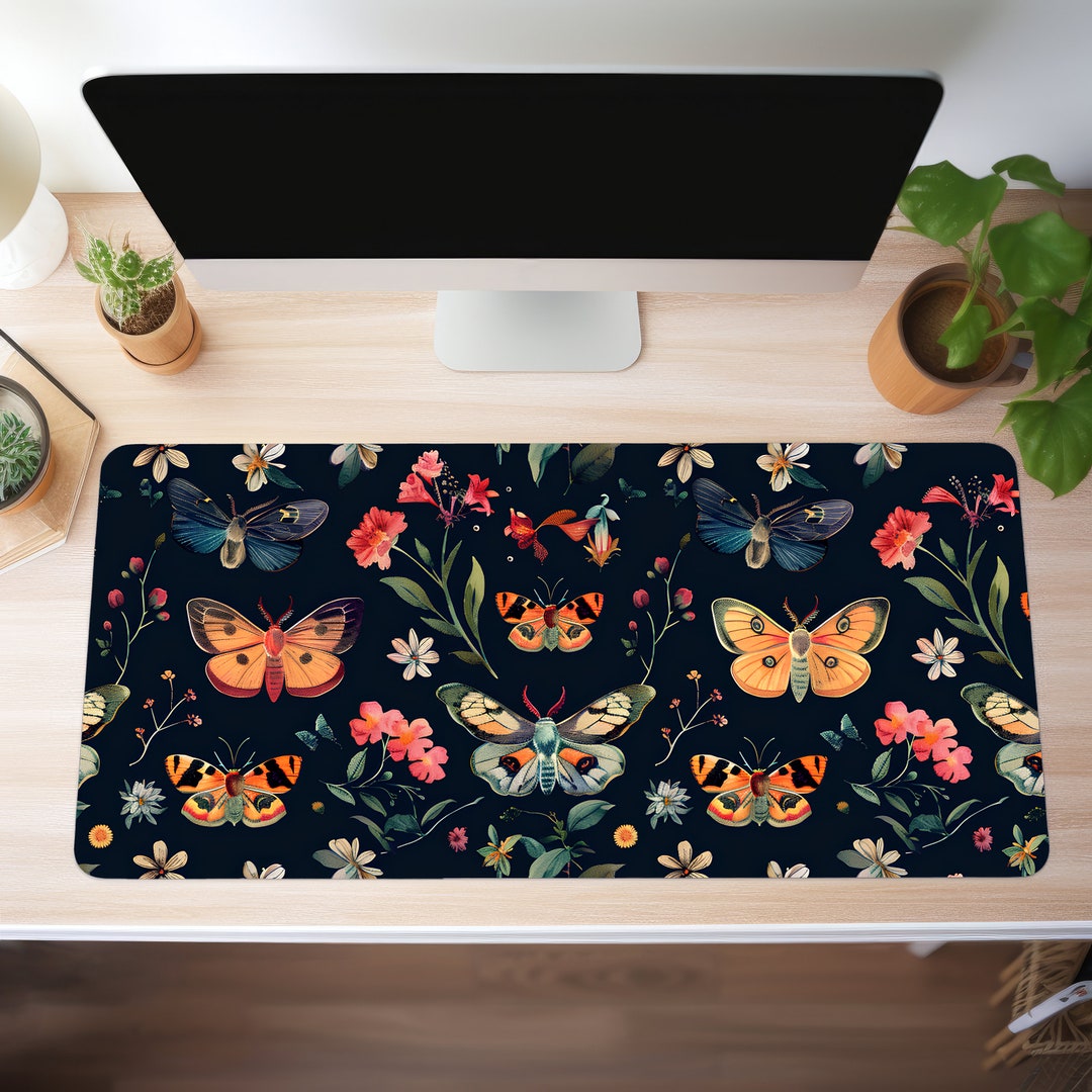 Whimsical Moth Pattern Desk Mat for Office Decor Dark Cottagecore Desk ...