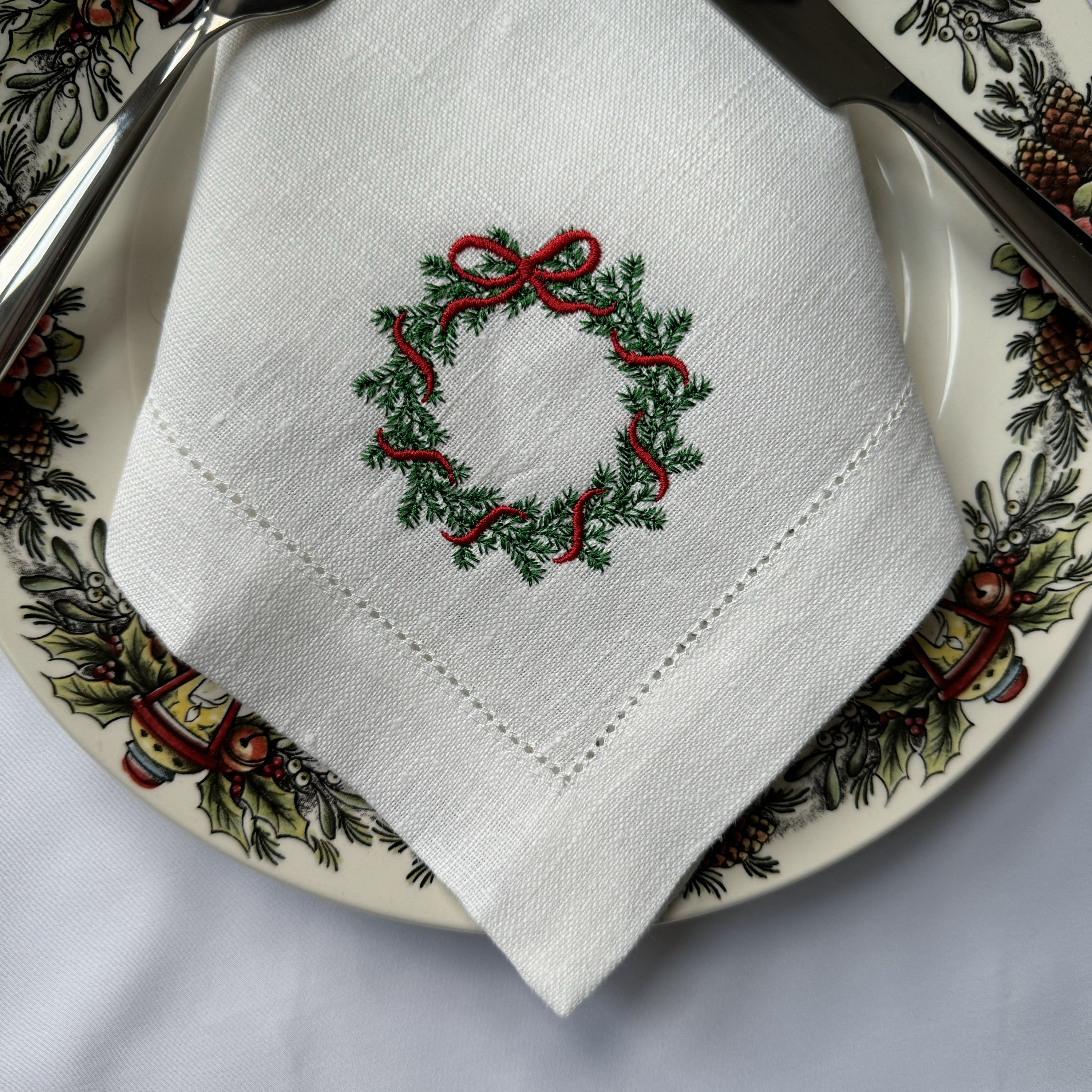 Embroidered Hemstitch Linen Napkins , 100% Linen Napkins, Christmas ...
