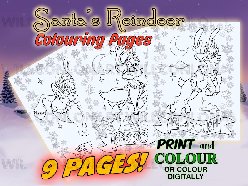 9 Santa's Reindeer Printable Digital Holiday Colouring Pages for ...