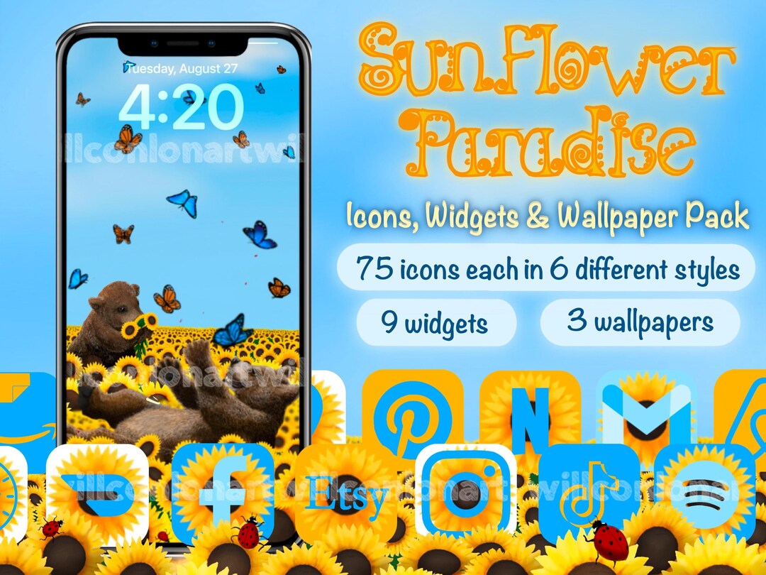 Sunflower Paradise App Icon Pack for Ios iPhone and Ipad, Wallpapers, Widgets, Bears, Sunflowers ...