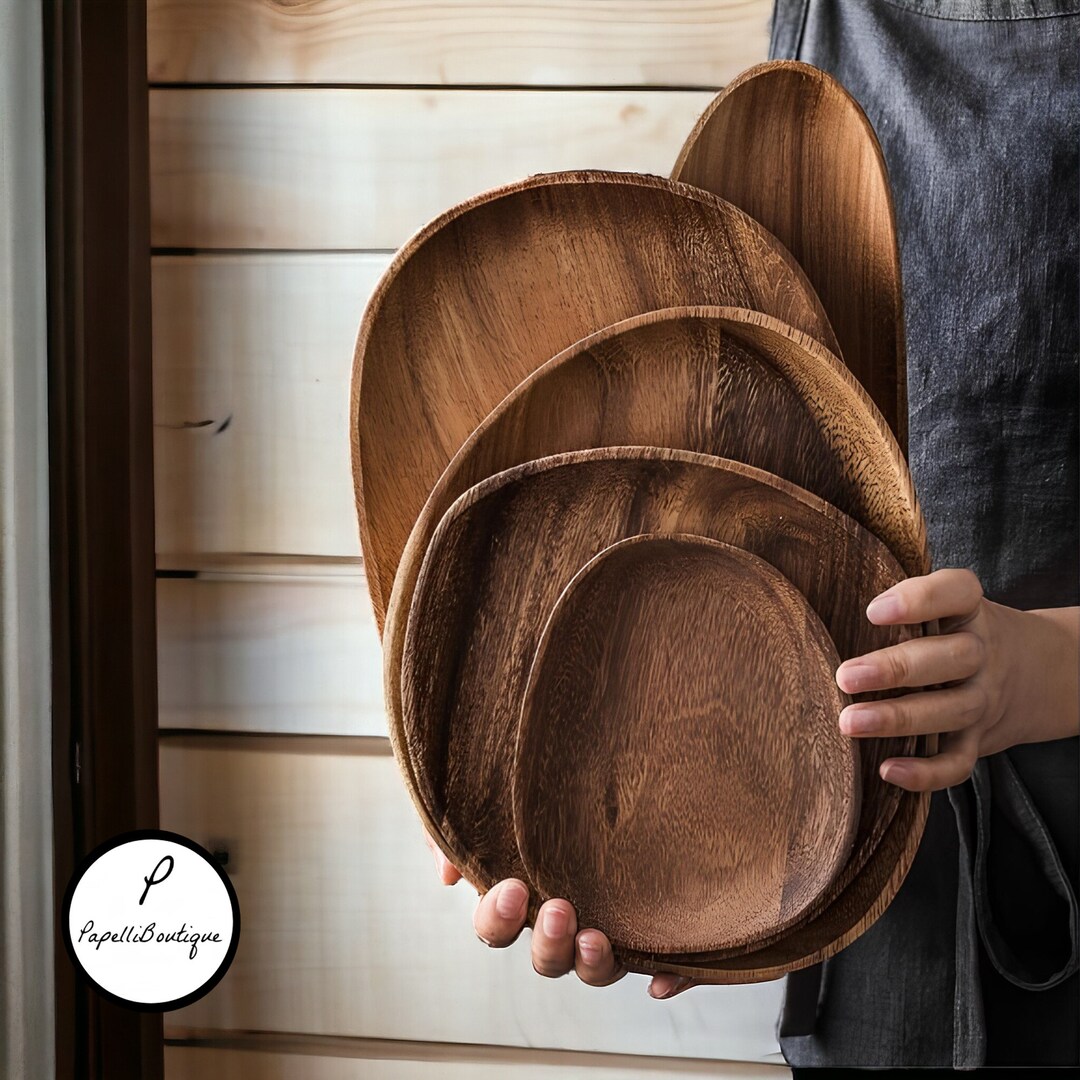 Family Set of 5 Solid Wood Round Dinner Plates, Fruit Plates, Handmade ...