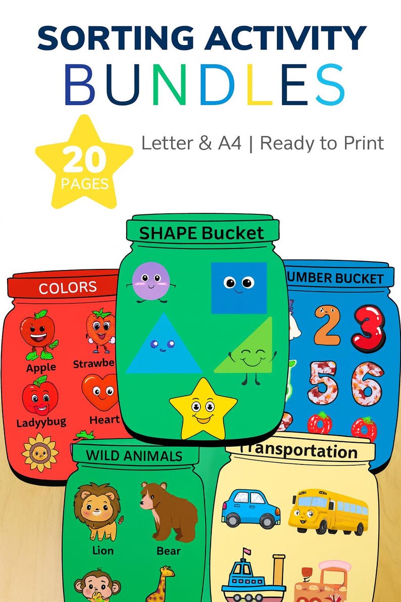 Preschool Sorting Game: Color, Shape, Number & Animal Buckets (PDF) - Etsy