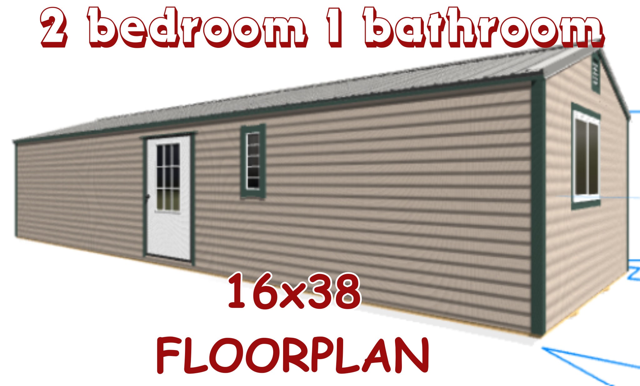 2 Bedroom 1 Bathroom With Side Entrance 16x38 Tiny House FLOORPLAN ...