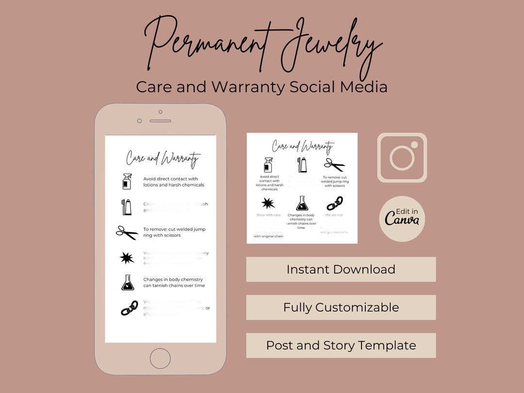 Permanent Jewelry Care Instagram Template | Permanent Jewelry Warranty ...