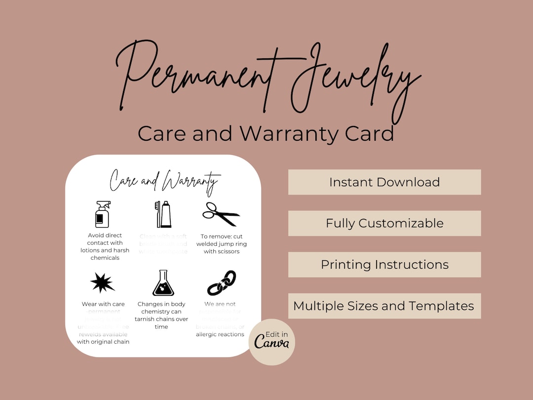 Permanent Jewelry Care Card | Permanent Jewelry Warranty Card ...