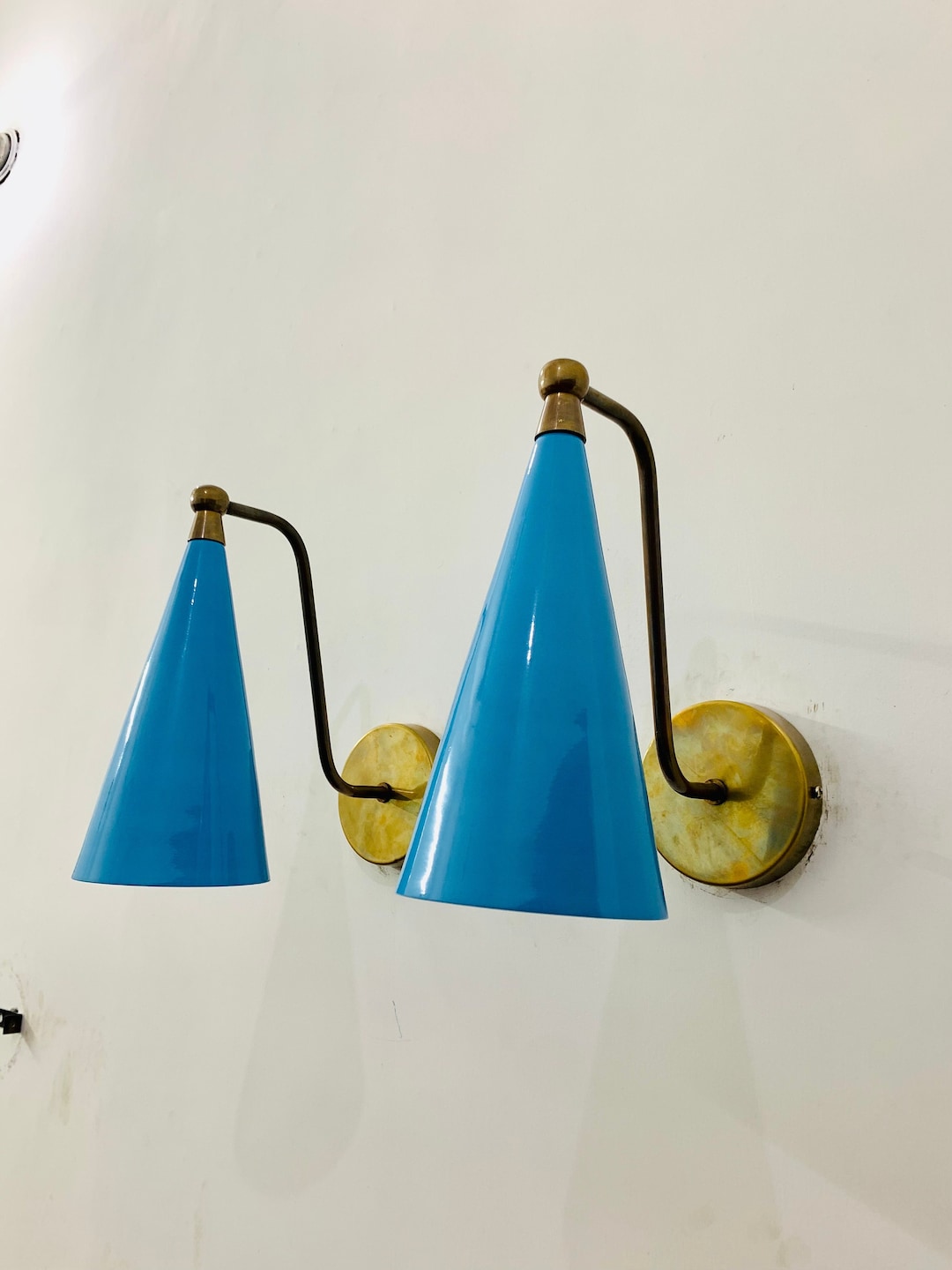 Customized Light Blue Cone Shape Brass Wall Sconce - Mid Century ...