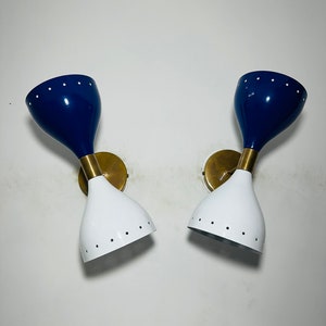 Dark Blue & White Brass Wall Sconce Pair Italian Wall Lights Mid ...