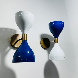Dark Blue & White Brass Wall Sconce Pair Italian Wall Lights Mid ...