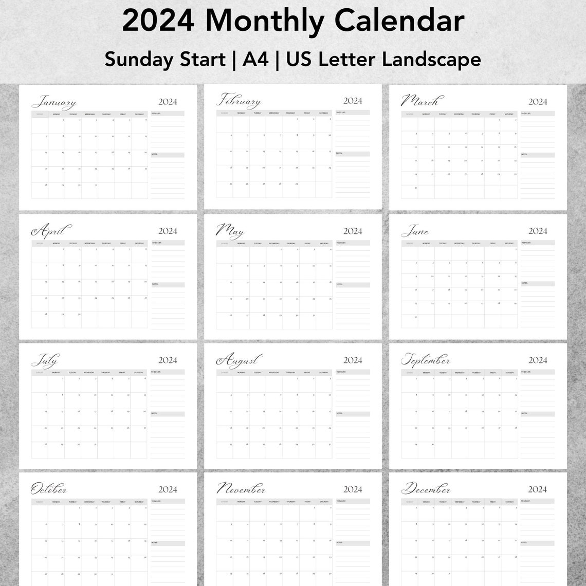 Calendar 2024 Calendar Printable 2024 Monthly Planner Landscape Wall ...