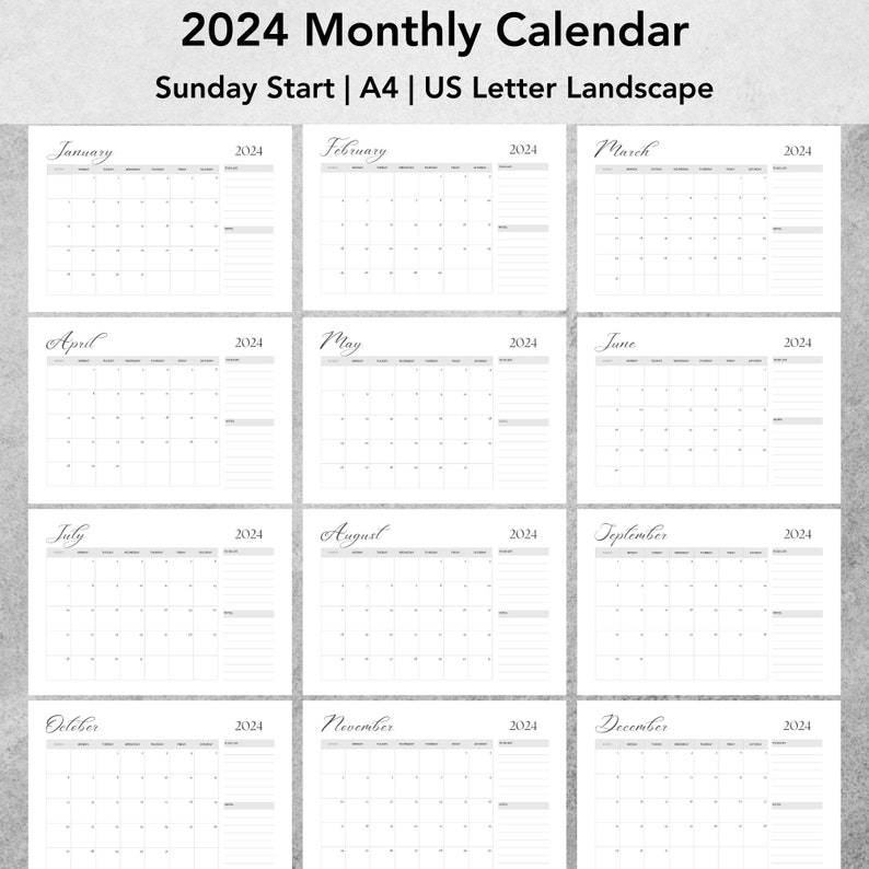 Calendar 2024 Calendar Printable 2024 Monthly Planner Landscape Wall ...