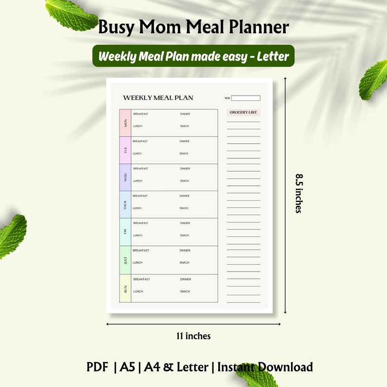 Busy Mom's Meal Planner Printable Weekly Organizer With Grocery List ...