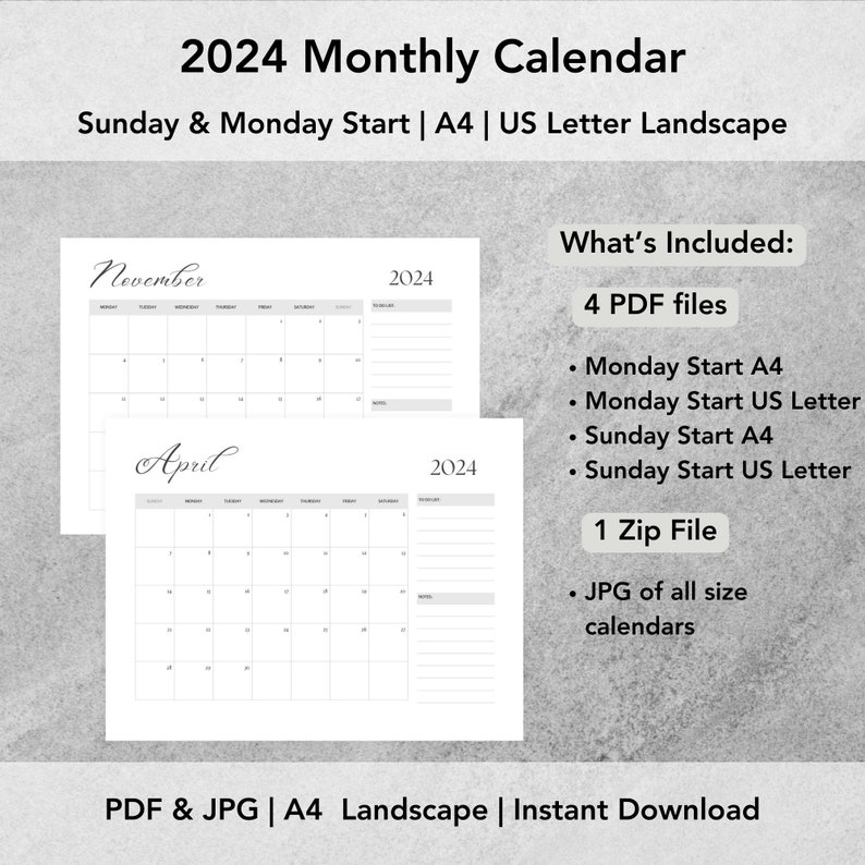 Calendar 2024 Calendar Printable 2024 Monthly Planner Landscape Wall ...