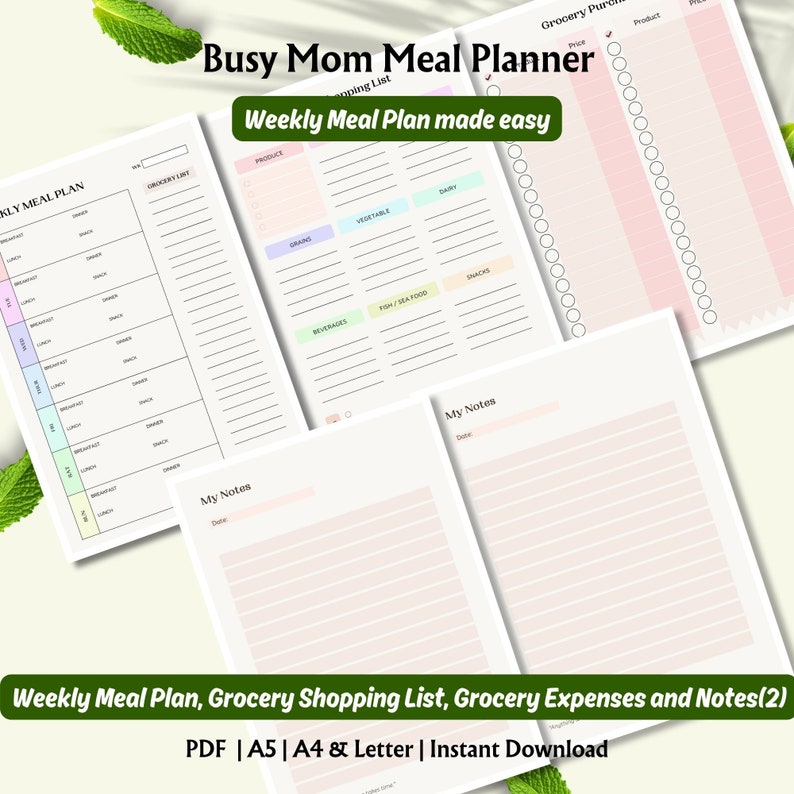Busy Mom's Meal Planner Printable Weekly Organizer With Grocery List ...