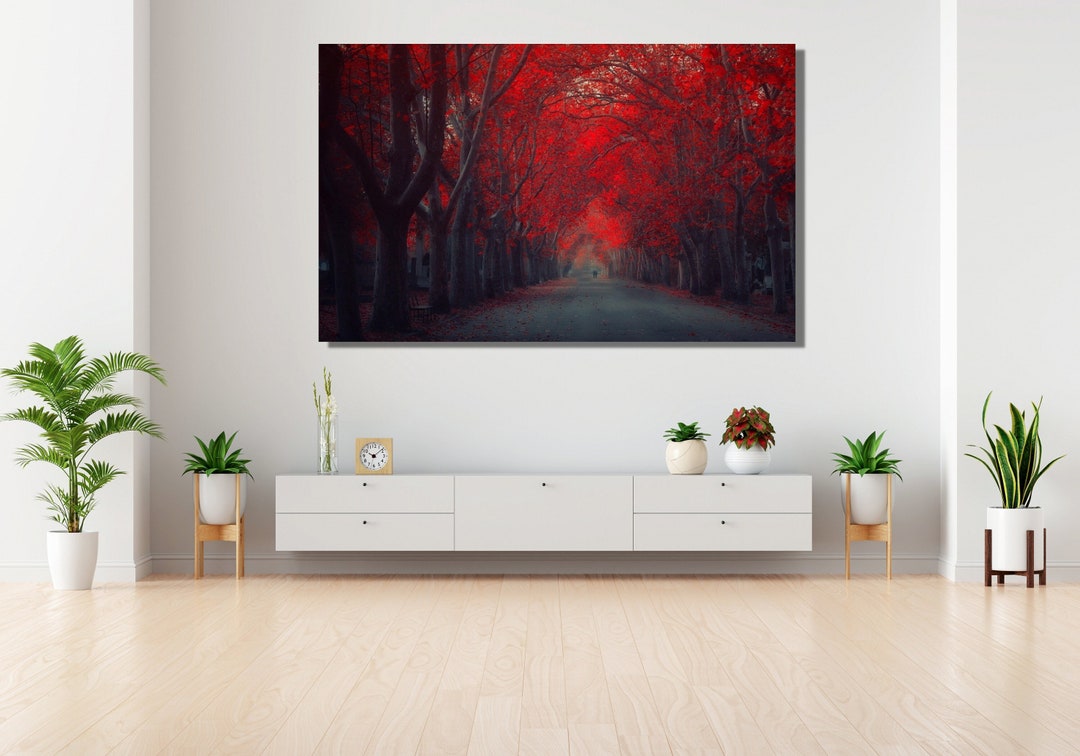 Beautiful Red Tree Park Print,red Leaves Forest Canvas Wall Art ...
