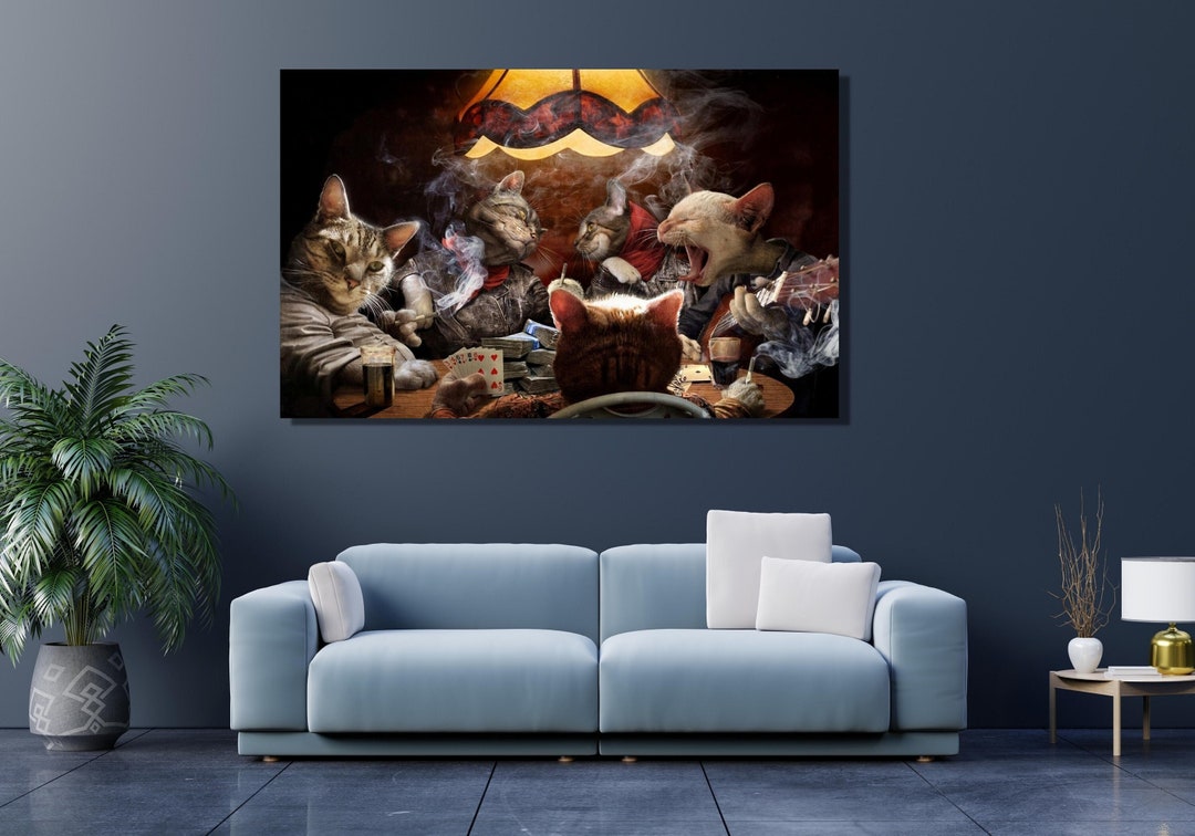 Cats With Playing Cards Canvas Wall Art, Cats Poster Wall Art, Animal ...