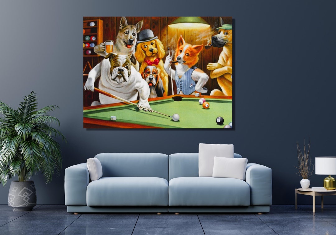 Dogs Playing Billiard Canvas Wall Art - Dogs Bar Playing Billiard ...
