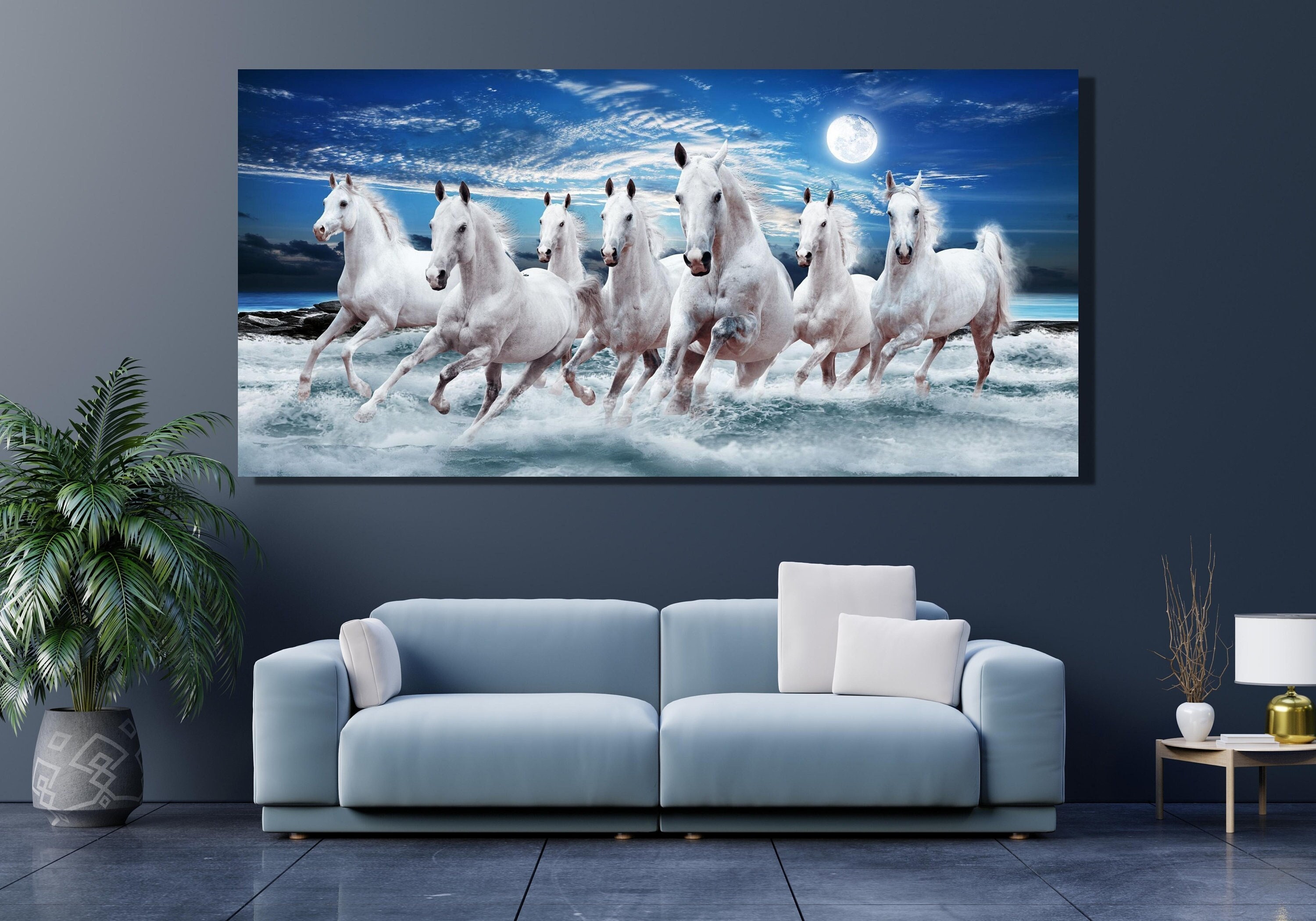 7 Running White Horses Canvas Wall Art, Seven Running Horses Wall Art ...